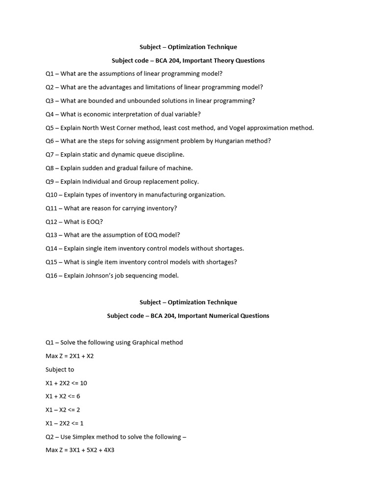 Questions - OT | PDF | Linear Programming | Computer Programming