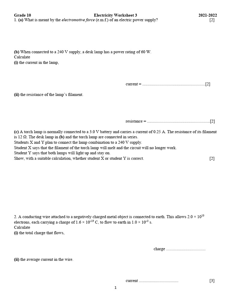 Grade 10 Electricity Worksheet 3 | PDF | Electrical Resistance And ...
