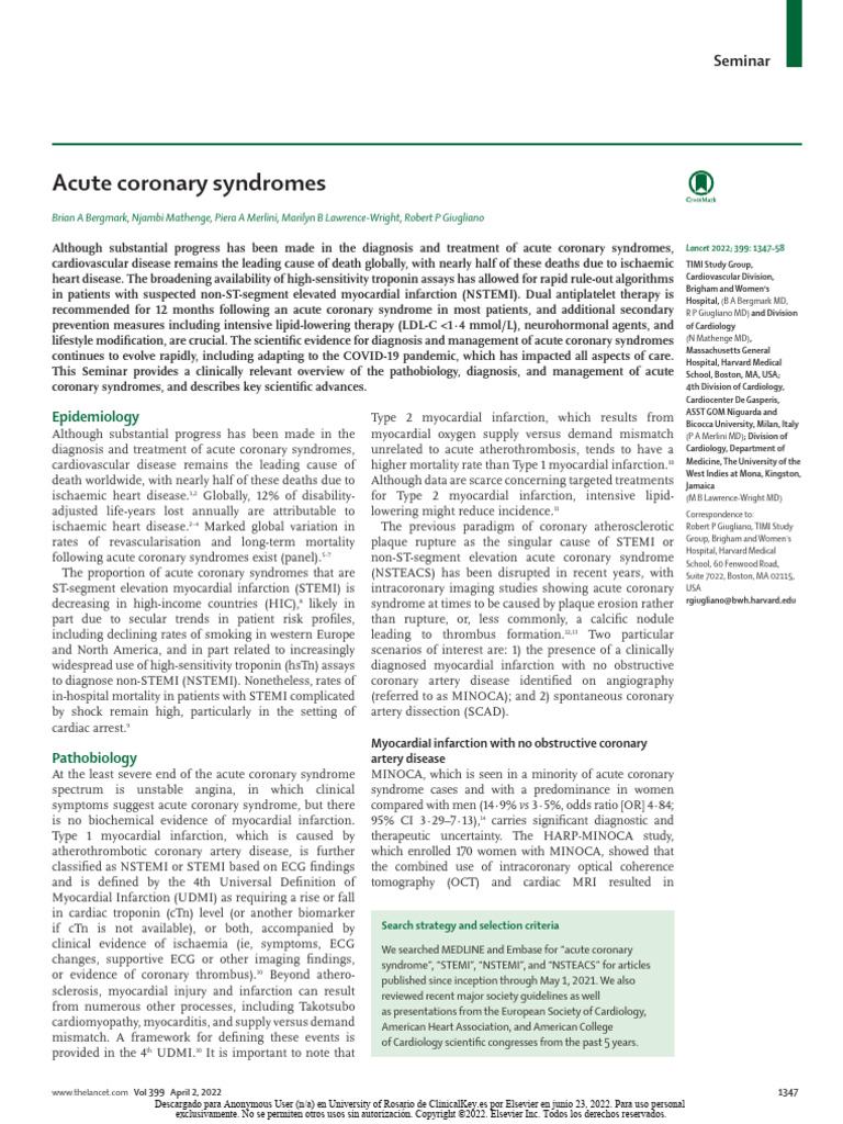 Acute Coronary Syndromes The Lancet | PDF | Myocardial Infarction ...