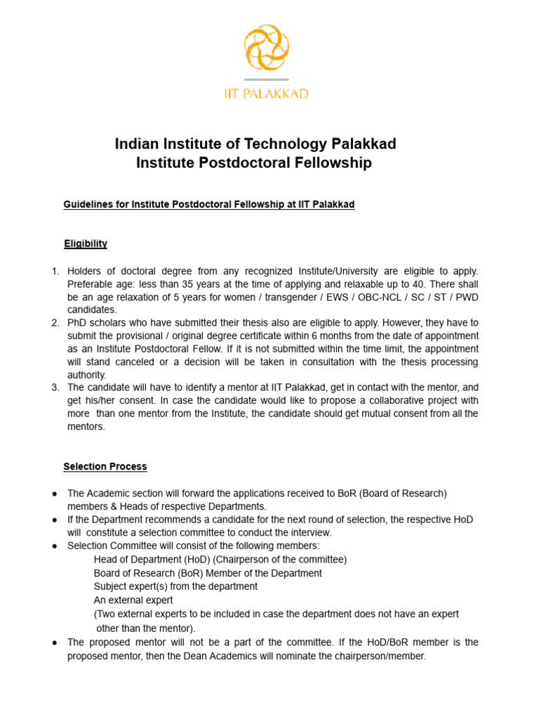 Indian Institute of Technology Palakkad Institute Postdoctoral Fellowship | PDF | Doctor Of ...
