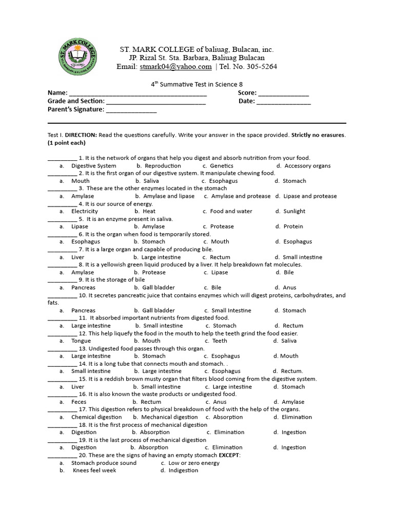 Science-8-4th-Summative-Exam | PDF | Digestion | Stomach