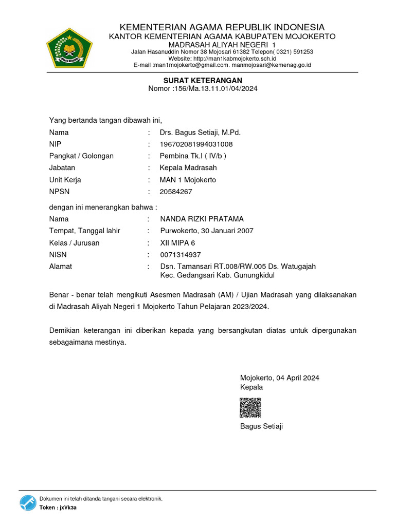 Tte. Surat Keterangan Telah Mengikuti Assesmen Madrasah Nanda Rizki Pratama Xii Mipa 6 | PDF