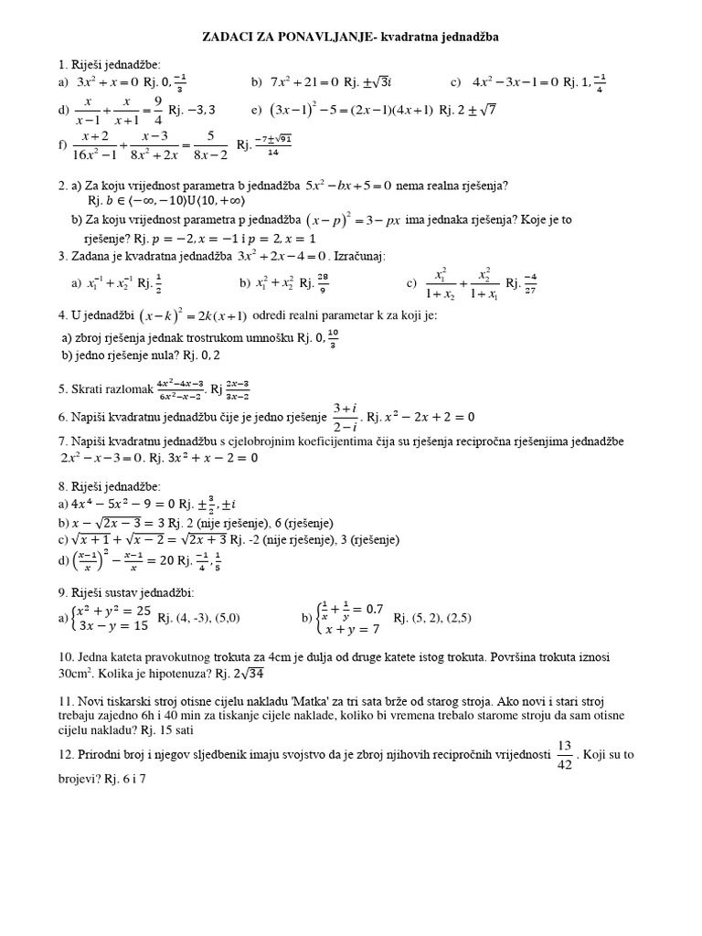 ZADACI ZA PONAVLJANJE kvadratna jednadžba | PDF