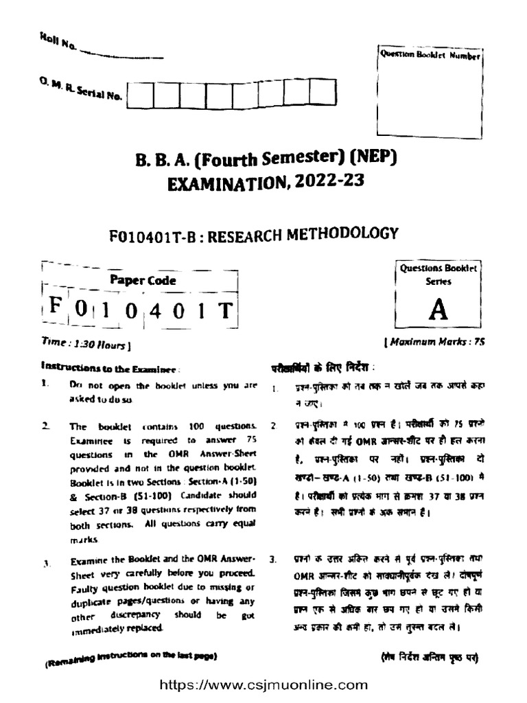 Bba 4 Sem Research Methodology f010401t Set A 2023 | PDF