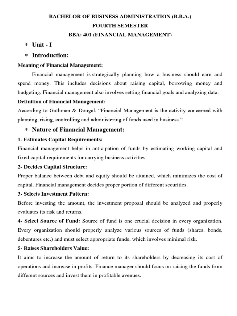 Financial Management BBA IV SEM UNIT I | PDF | Cost Of Capital | Financial Capital