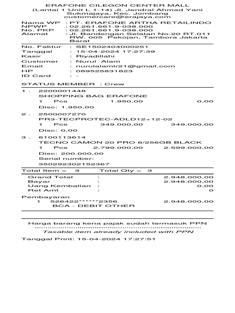 Invoice for Purchase at Erafone Cilegon | PDF