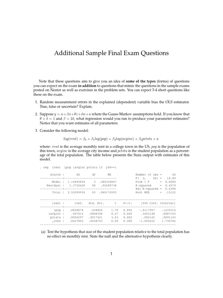 Sample Exam Questions | PDF | Errors And Residuals | Estimator
