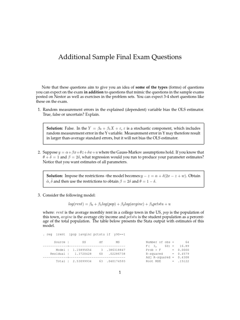 Sample Exam Questions Solutions | PDF | Estimator | Ordinary Least Squares Sample Exam Questions Solutions | PDF | Estimator | Ordinary Least Squares