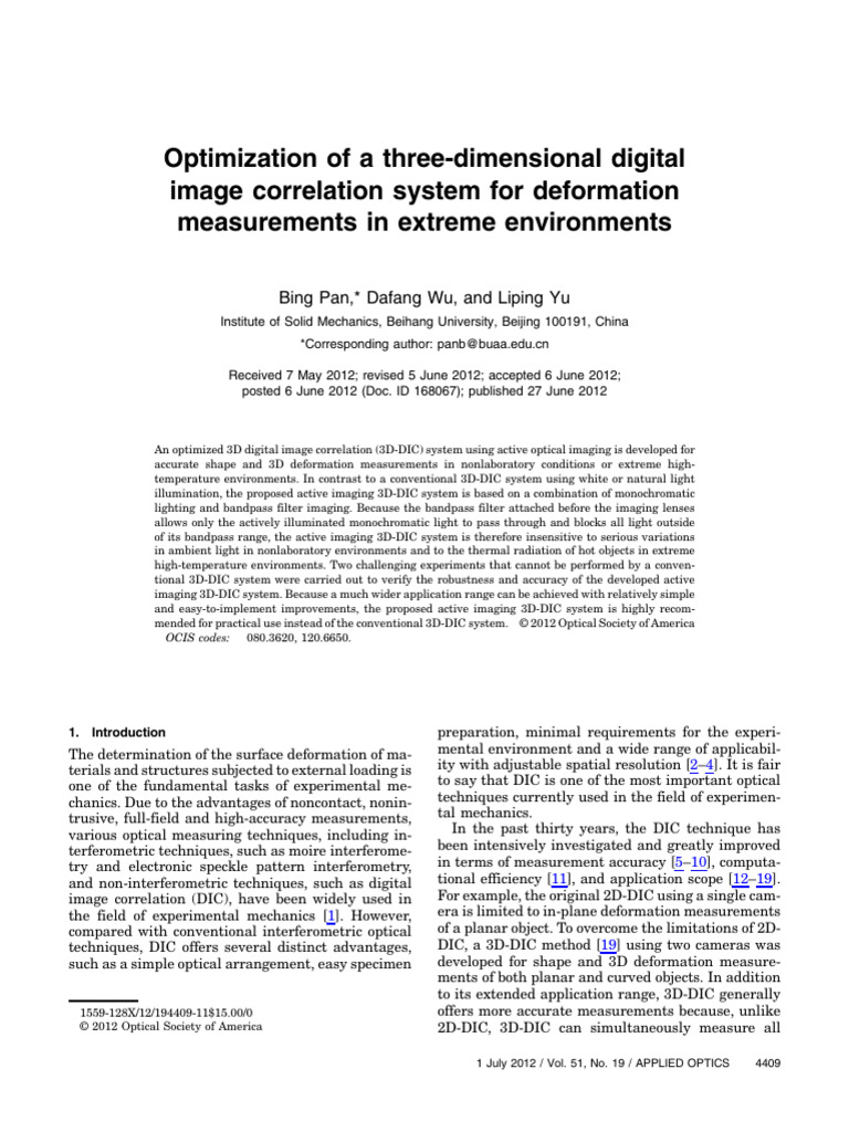 Optimization of A Three-Dimensional DIC System For Deformation Measurements in Extreme ...