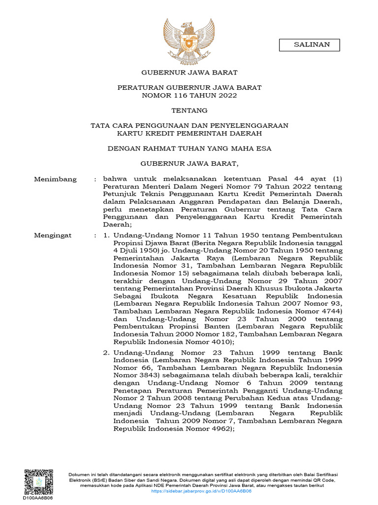 PERGUB NO 116 THN 2022 TTG TATA CARA PENGGUNAAN KARTU KREDIT PEMERINTAH ... PERGUB NO 116 THN 2022 TTG TATA CARA PENGGUNAAN KARTU KREDIT PEMERINTAH ...