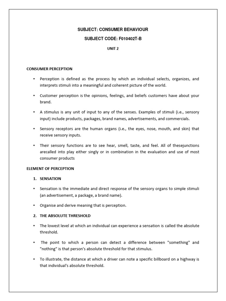 Consumer Perception: Subject: Consumer Behaviour SUBJECT CODE: F010402T ...