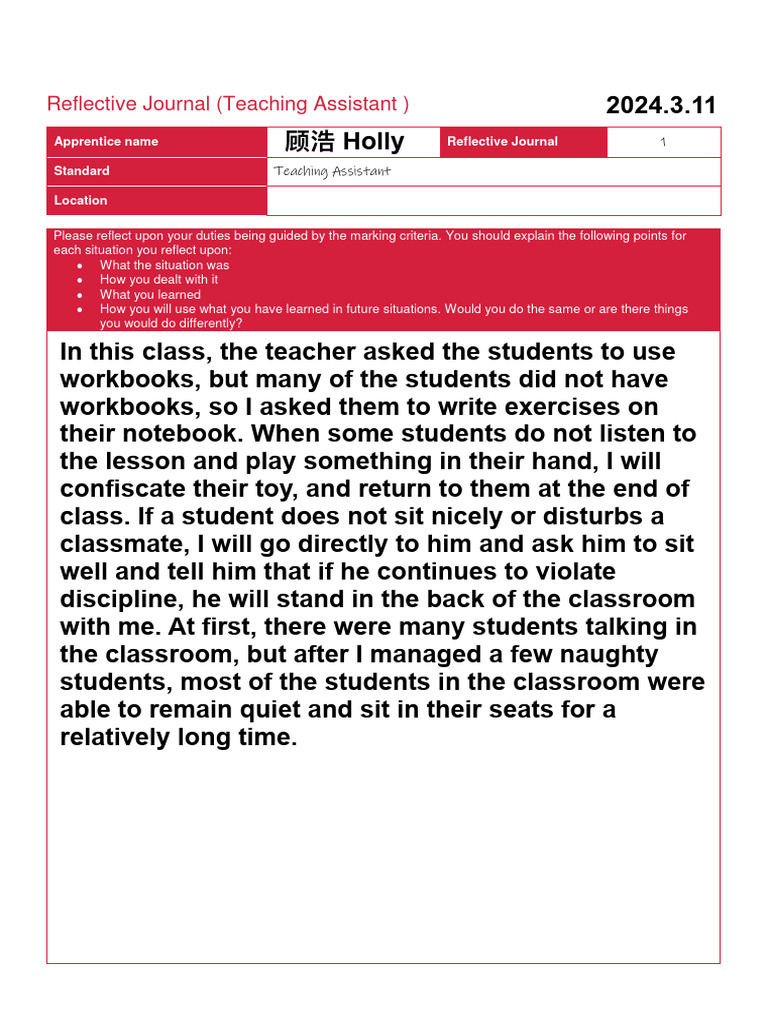 Reflective Journal for Teaching Assistants | PDF