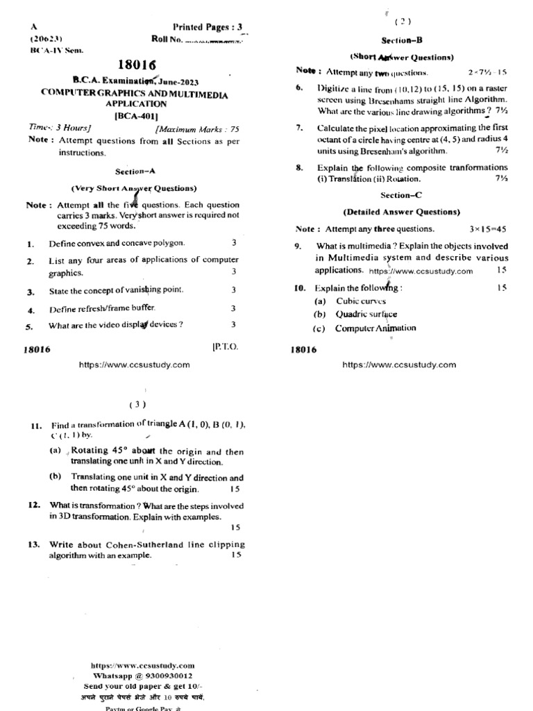 Bca 4 Sem Computer Graphics and Multimedia Application 18016 Jun 2023 | PDF