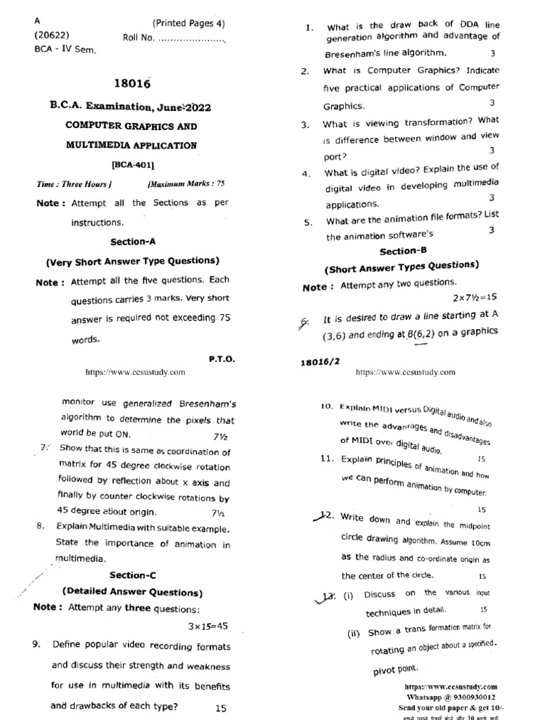 Bca 4 Sem Computer Graphics and Multimedia Application 18016 Jun 2022 | PDF