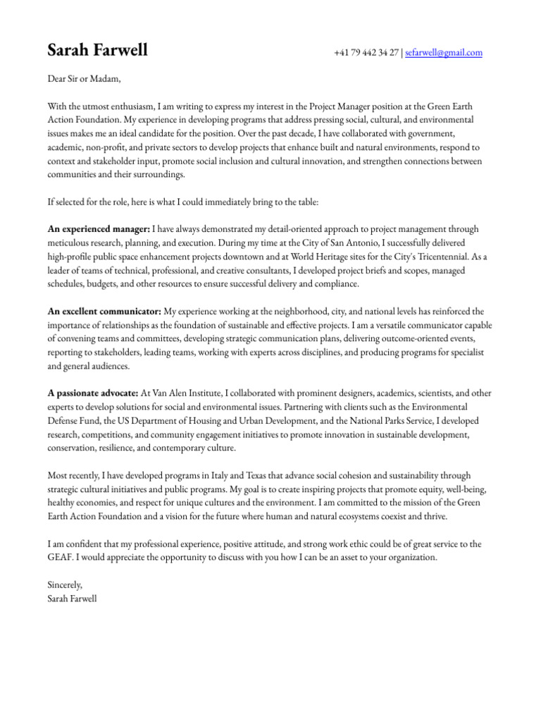 Sarah Farwell - 2024 - GEAF - Cover Letter and Resume | PDF ...