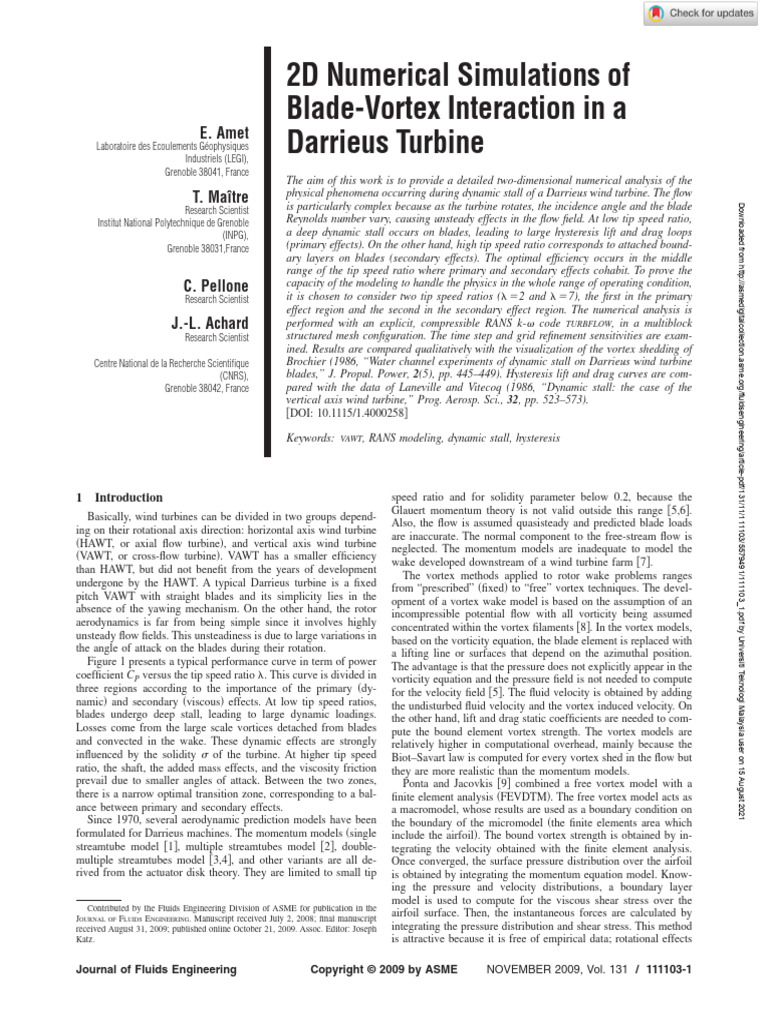 2D Numerical Simulations of Blade-Vortex Interaction in A Darrieus ... 2D Numerical Simulations of Blade-Vortex Interaction in A Darrieus ...