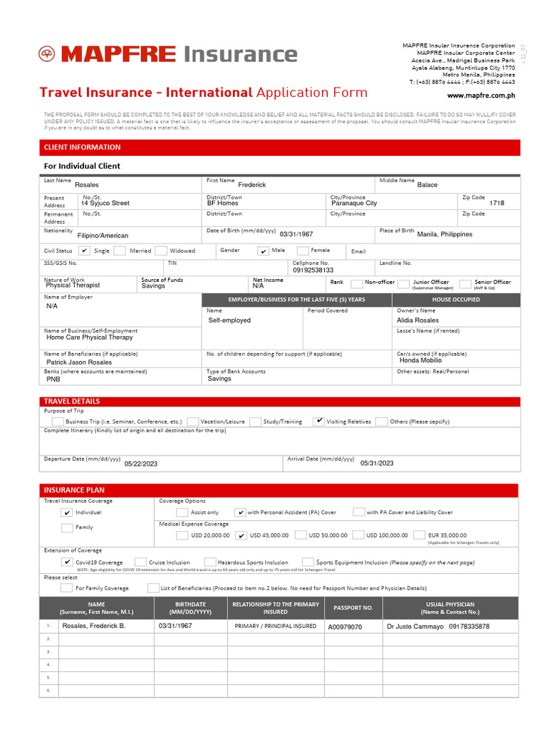 ONLINE-FORM-MAPFRE Travel International Application-ROSALES | PDF | Cheque | Payments