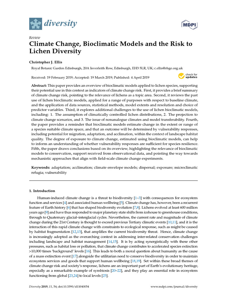 Climate Change, Bioclimatic Models and The Risk To Lichen Diversity ...