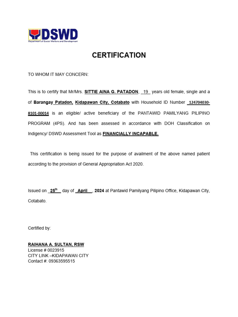 4Ps Financially Incapable Certification | PDF