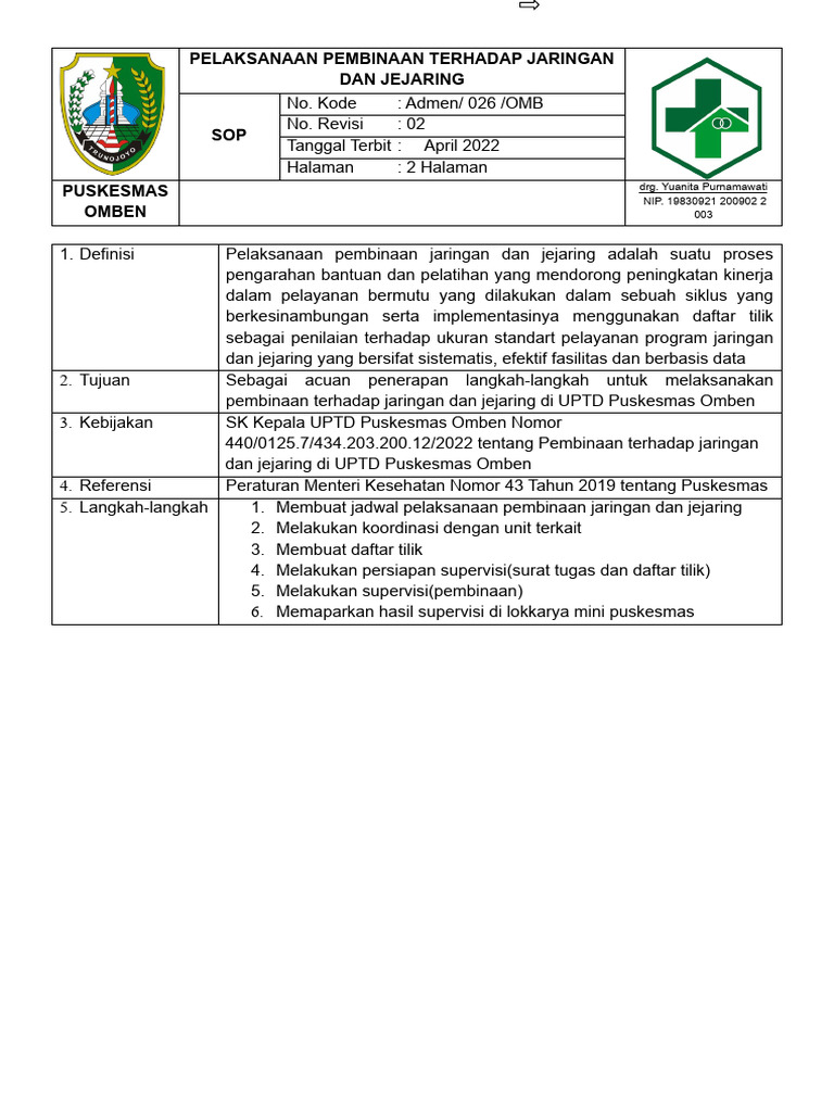 Pembinaan Jaringan Puskesmas Omben | PDF