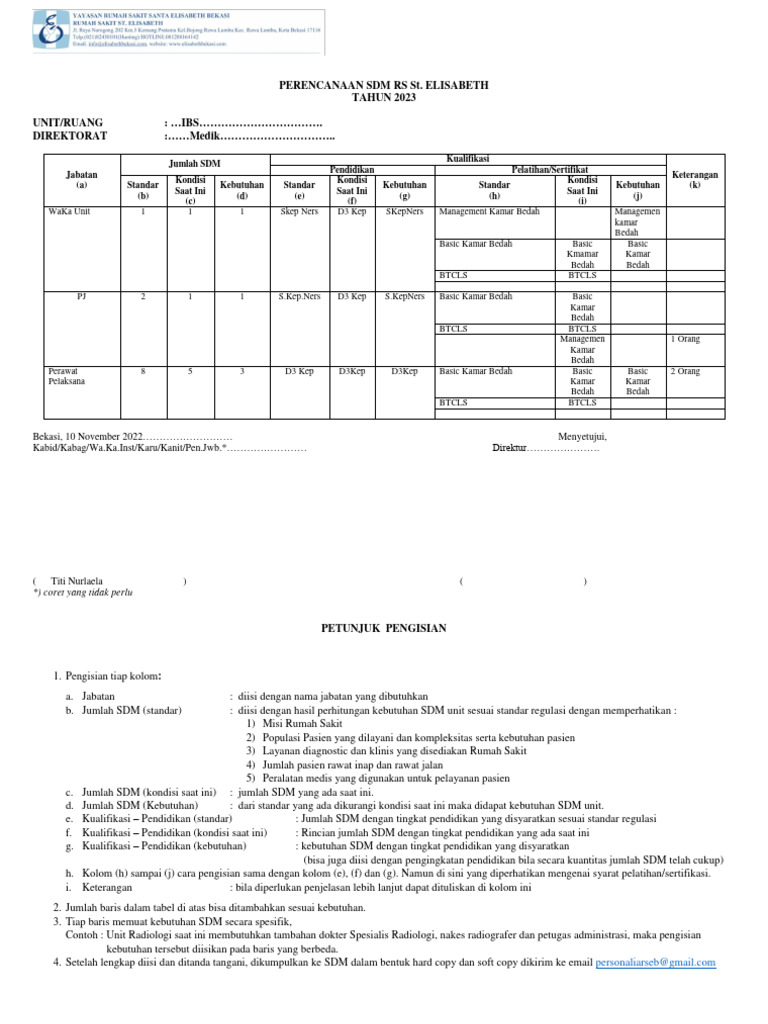 Form Perencanaan SDM Unit Rse Tahun 2023 | PDF