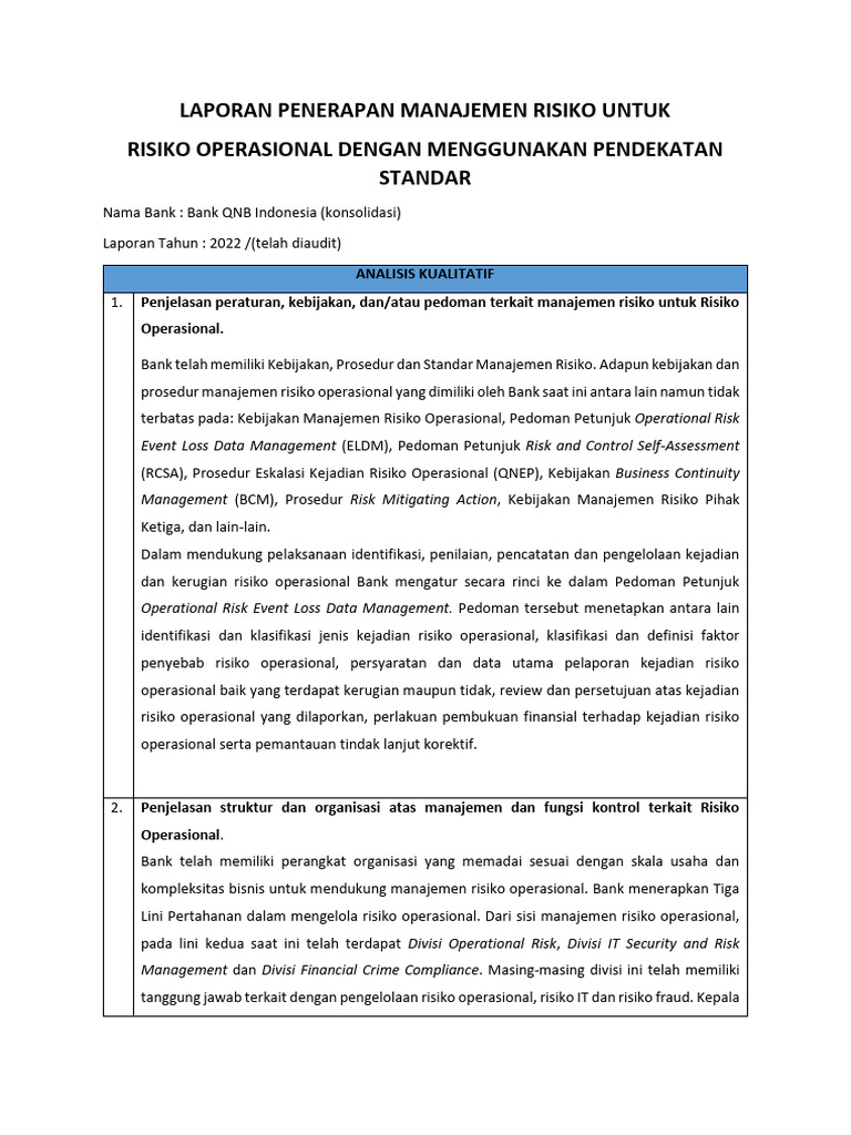 Laporan Penerapan Manajemen Risiko Untuk Risiko Operasional 2022-QNB | PDF