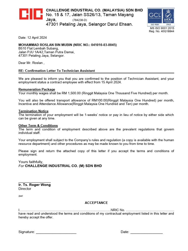 Confirmation Letter for Technician Assistant | PDF
