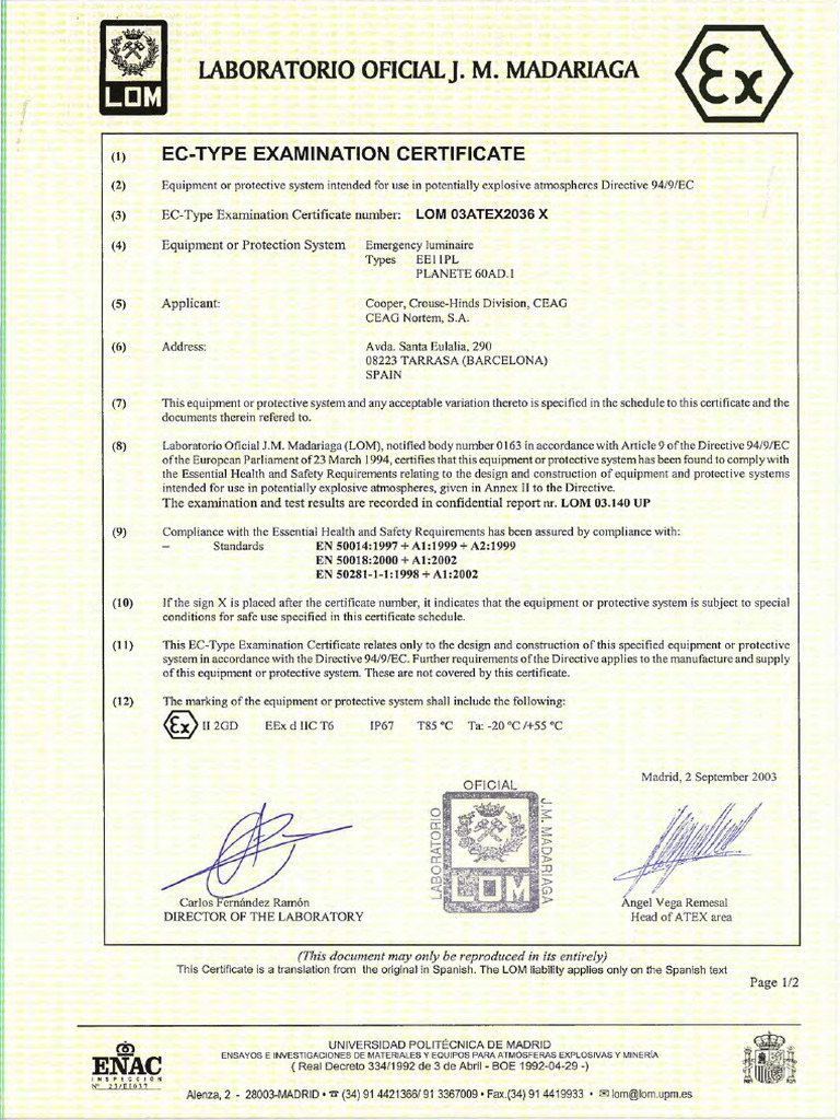 CEAG Nortem Emergency Luminaire Certificate | PDF | Rechargeable ...