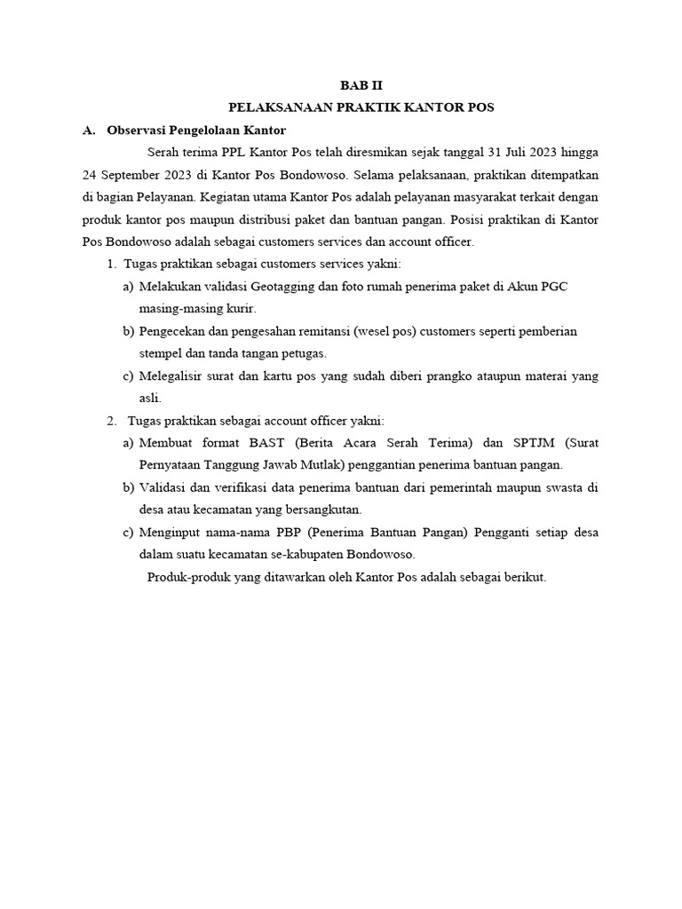 Praktik Kerja di Kantor Pos Bondowoso | PDF
