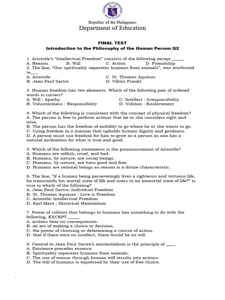 Philosophy of Human Freedom Test Q2 | PDF | Free Will | Social Contract