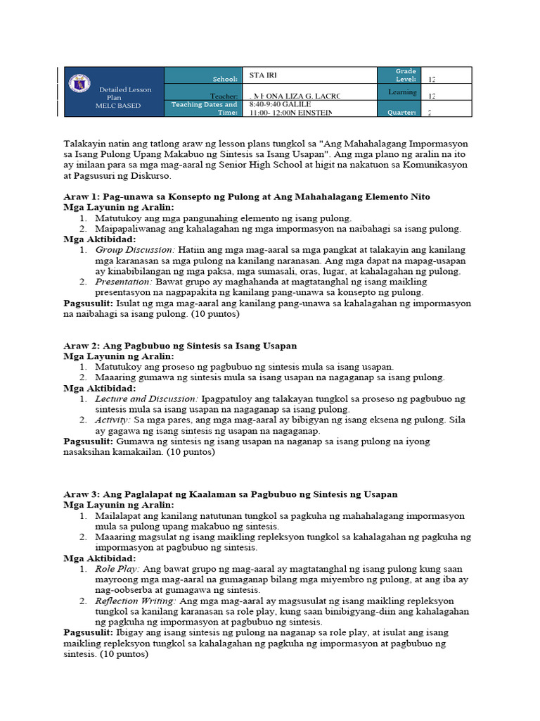 Filipino Sa Piling Larang (Akademik) q2 DLP | PDF