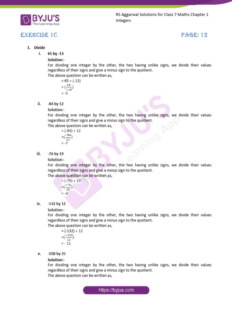 Rs Aggarwa Solutions For Class 7 Maths Chapter 1 Ex C | PDF | Integer ...