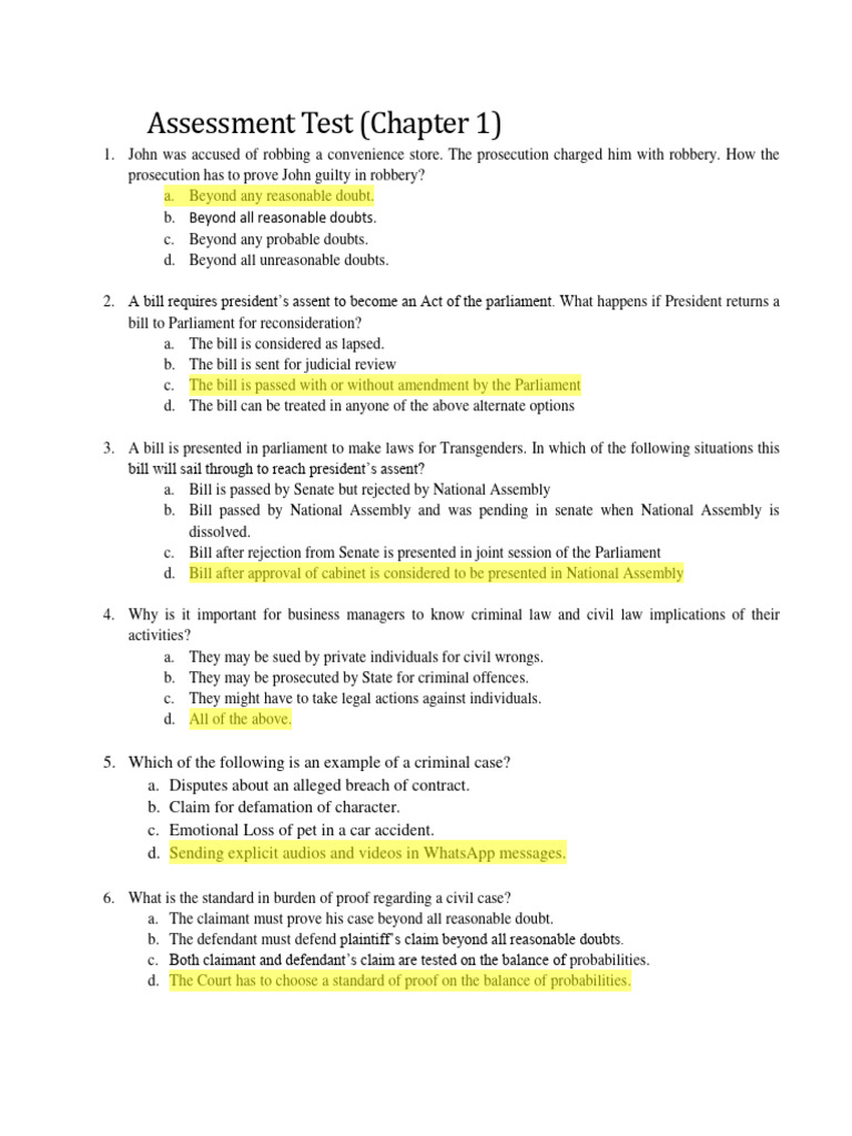 Assessment Test (Chapter 1) | PDF | Burden Of Proof (Law) | Damages
