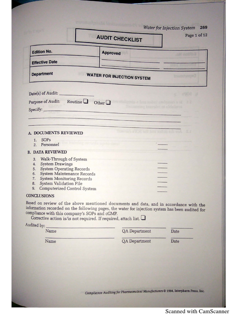 Audit Checklist Water For Injection | PDF