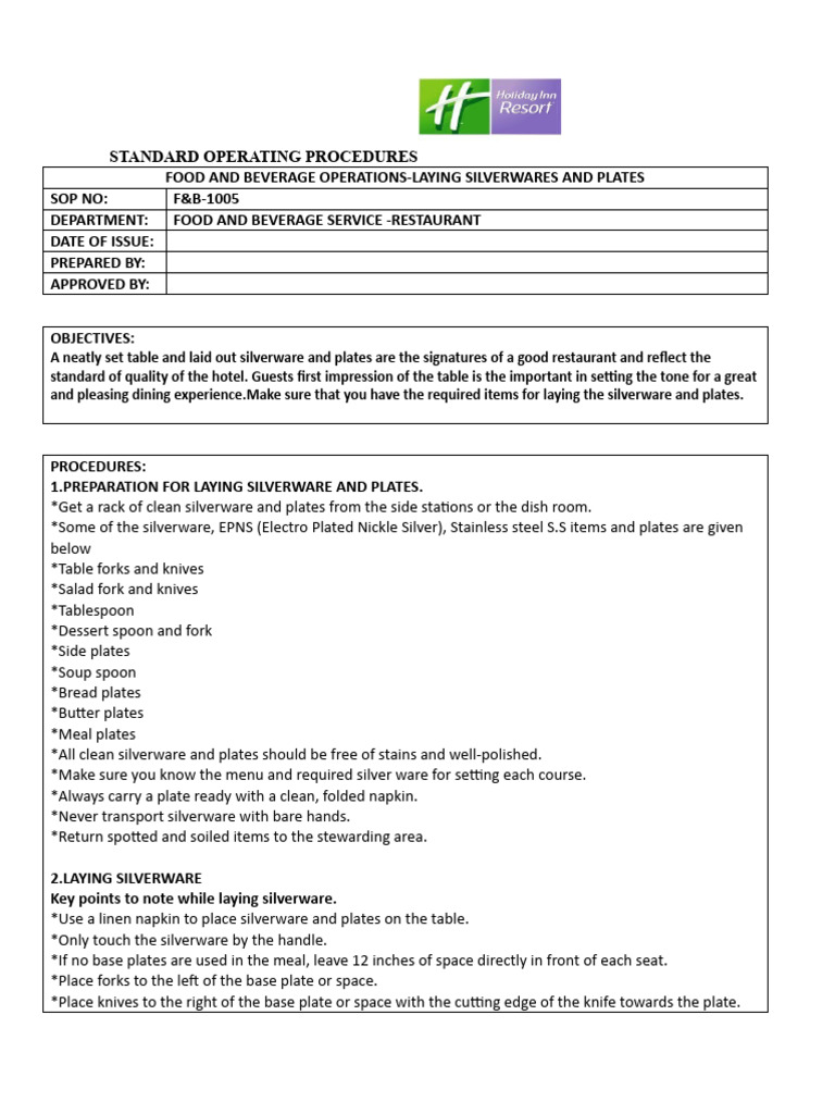SOP for Laying Silverware and Plates | PDF | Tableware | Cooking