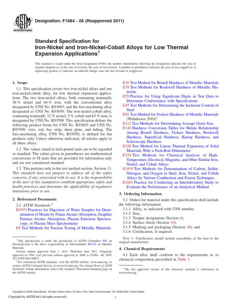 F1684 06 Reapproved 2011 - Standard Specification For Iron-Nickel and Iron-Nickel-Cobalt Alloys ...