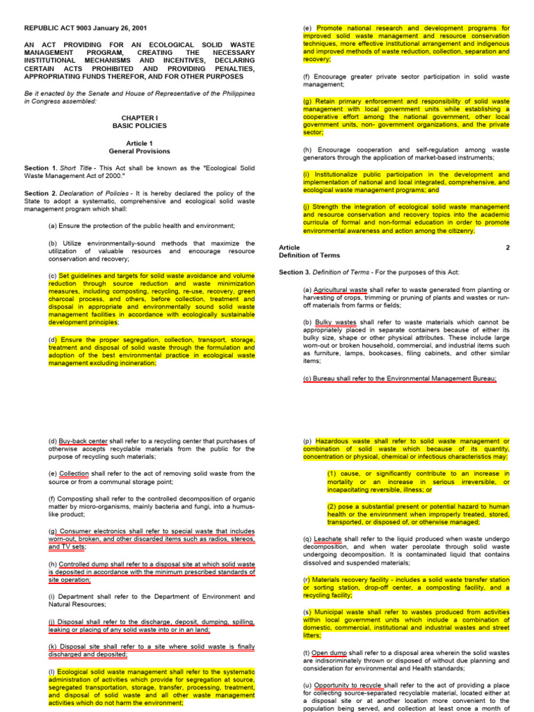 Ecological Solid Waste Management Act | PDF | Waste Management | Waste