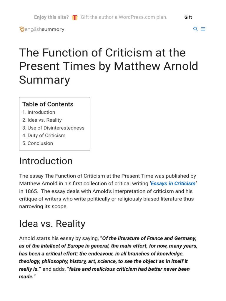 The Function of Criticism at The Present Time by Matthew Arnold | PDF | Essays | Science