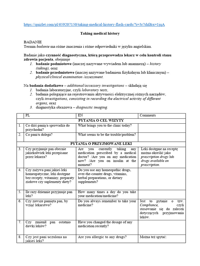 Med Hist Taking Handout | PDF