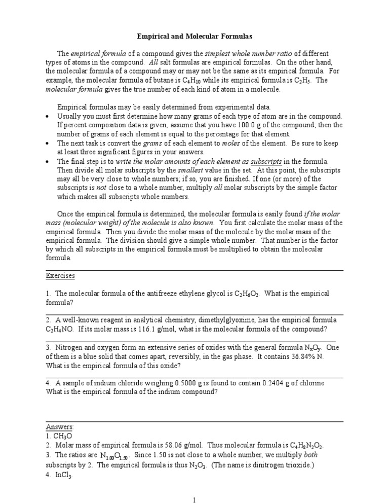 Empirical and Molecular Formulas Worksheets | PDF | Mole (Unit) | Molecules