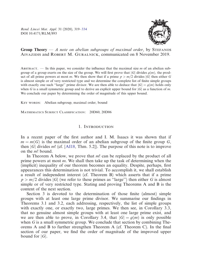 A Note On Abelian Subgroups of Maximal Order | PDF | Group Theory | Abstract Algebra