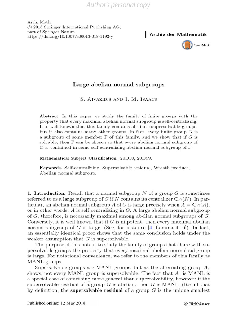 Large Abelian Normal Subgroups PDF Group Mathematics Group Theory