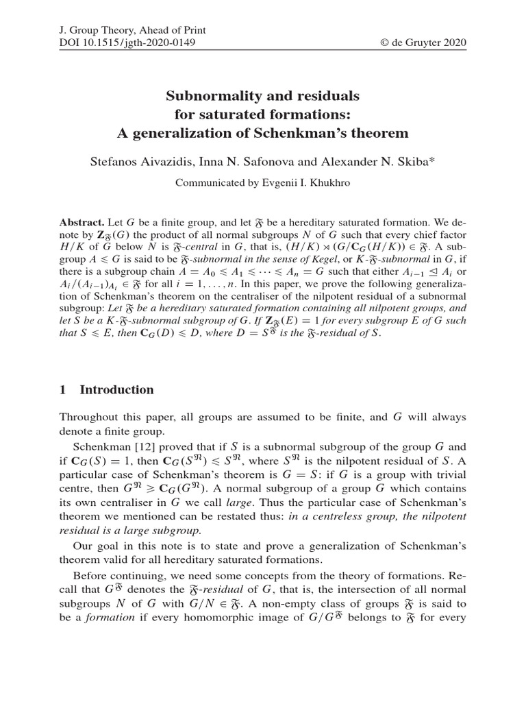 Subnormality and Residuals For Saturated Formations | PDF | Theorem ...