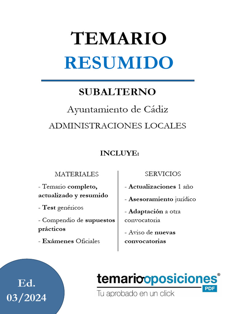 Muestra Temario Subalterno Ayuntamiento de Cadiz 2024 | Descargar gratis PDF | Archivo de ...