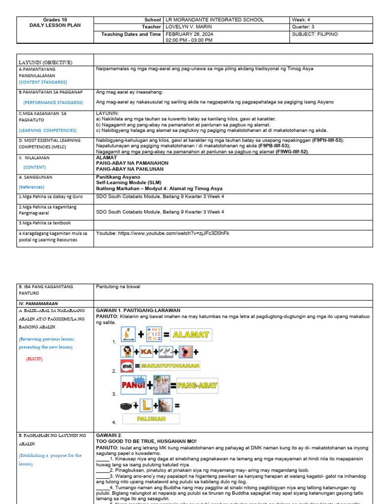 Filipino 9 DLP q3 w4 | PDF