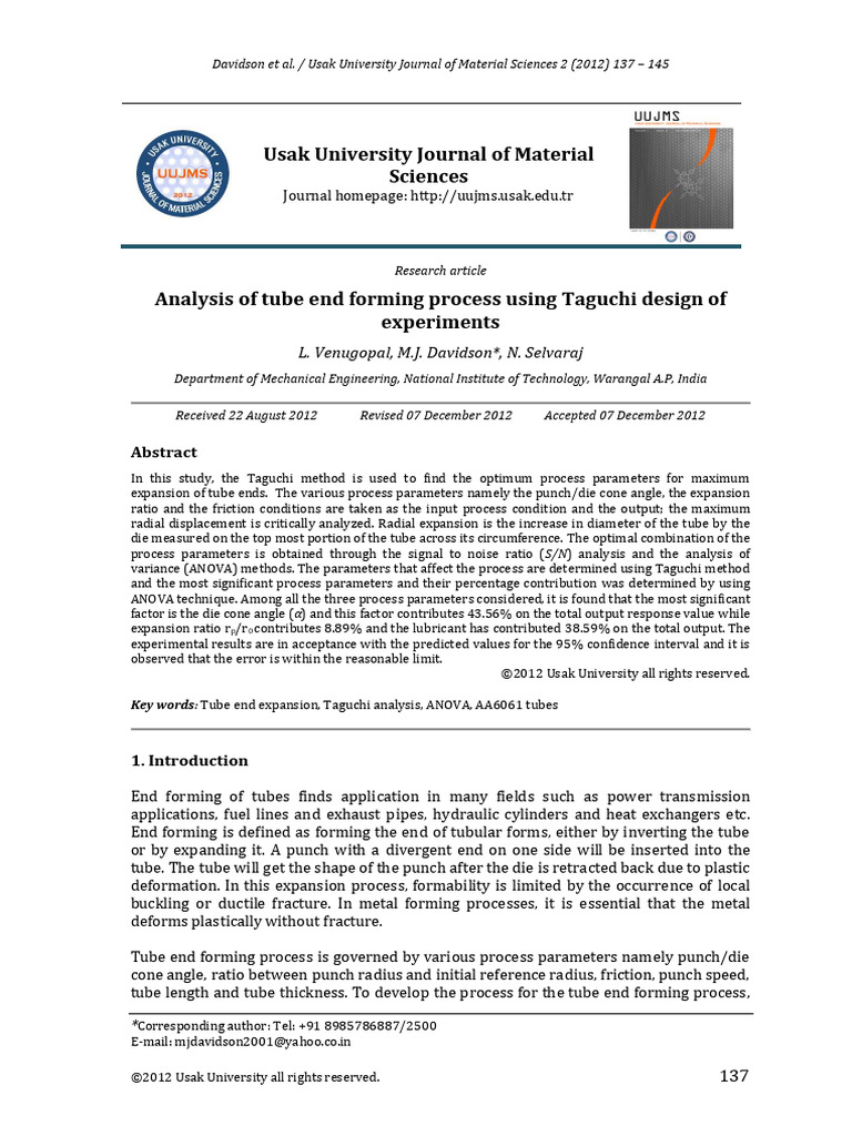 Analysis of Tube End Forming Process Using Taguchi Design of Experiments (#164152) - 144997 ...