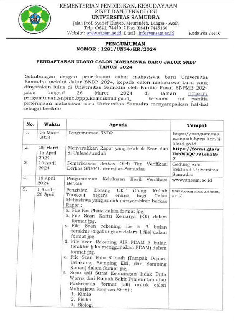Daftar Ulang Calon Mahasiswa Baru Jalur SNBP Tahun 2024 | PDF