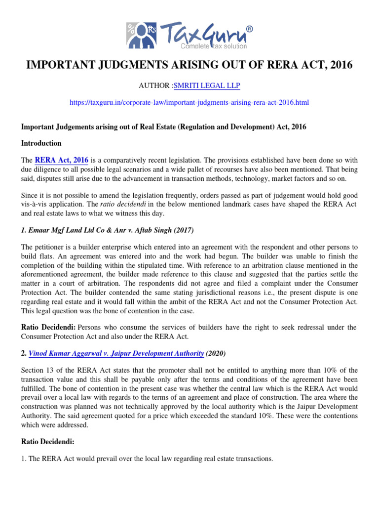 Key RERA Act 2016 Judgments Explained | PDF | Judgment (Law) | Arbitration