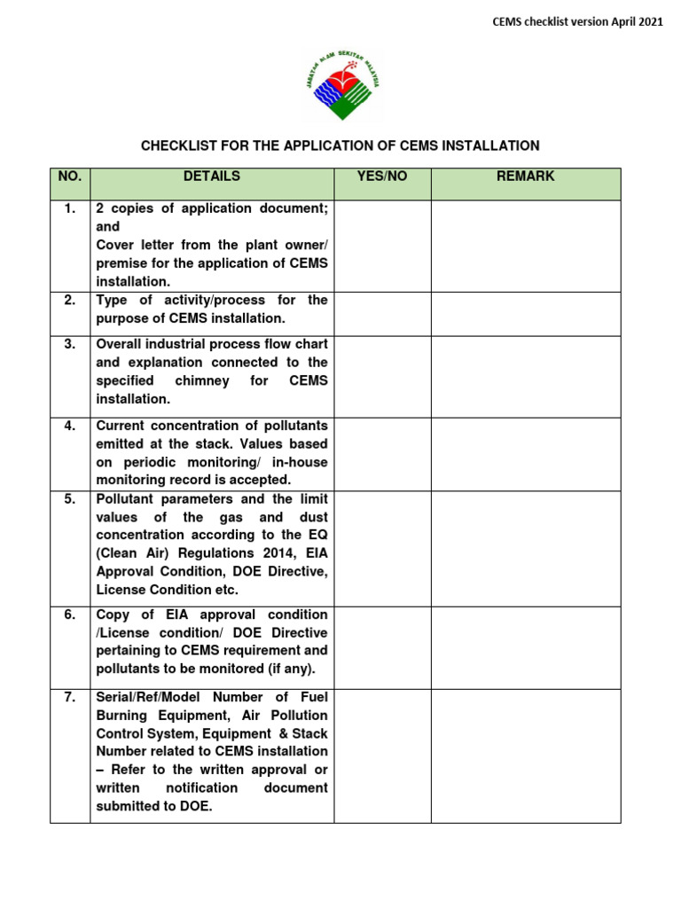 2 Checklist For Cems Application 1 | PDF | Chimney | Air Pollution