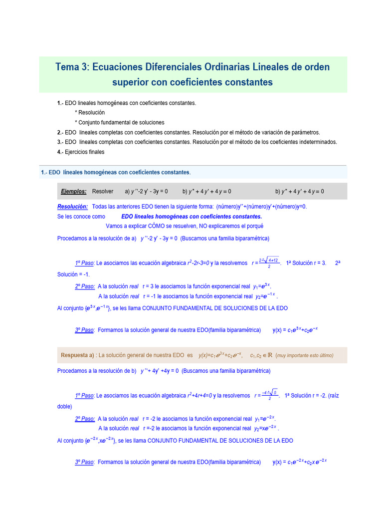 Tema 3-EDO LINEALES CCONST HOMOGENEAS | PDF | Ecuaciones | Sustracción